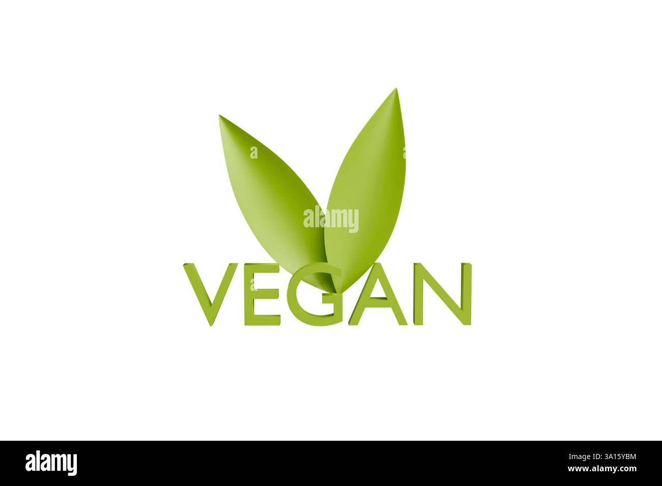 3D text vegan green color and two green leaves on white background ...
