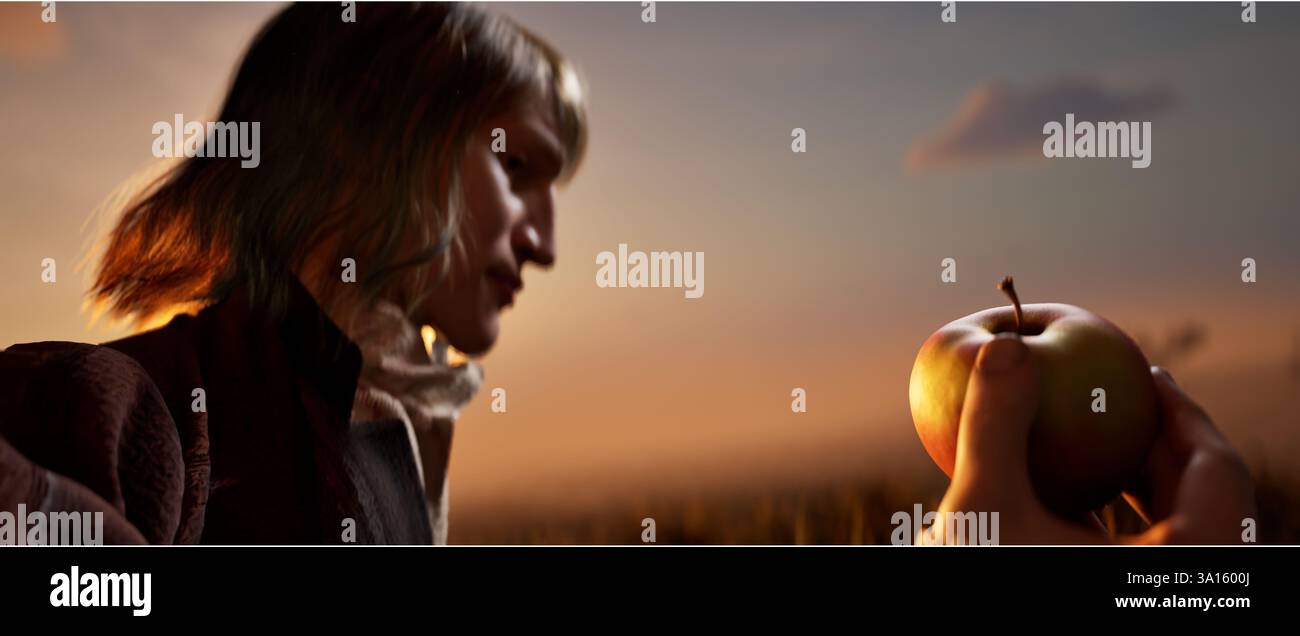 Isaac Newton holds an apple in his hand, talks about gravity, the story ...