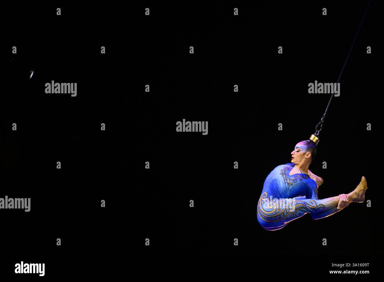 New York, USA. 06th Mar, 2025. An acrobat suspended by her hair ...