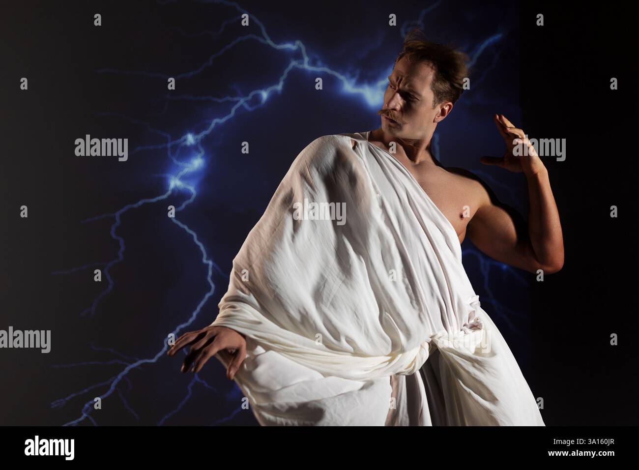 A muscular, athletic figure embodying Zeus, Lightning bolts in hand, he ...