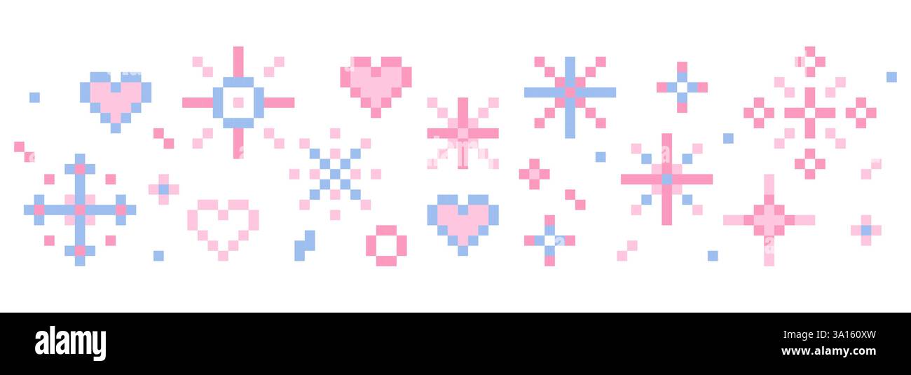 Pixel star sparkle cute retro 8 bit sparkle seamless border. Shiny pink ...