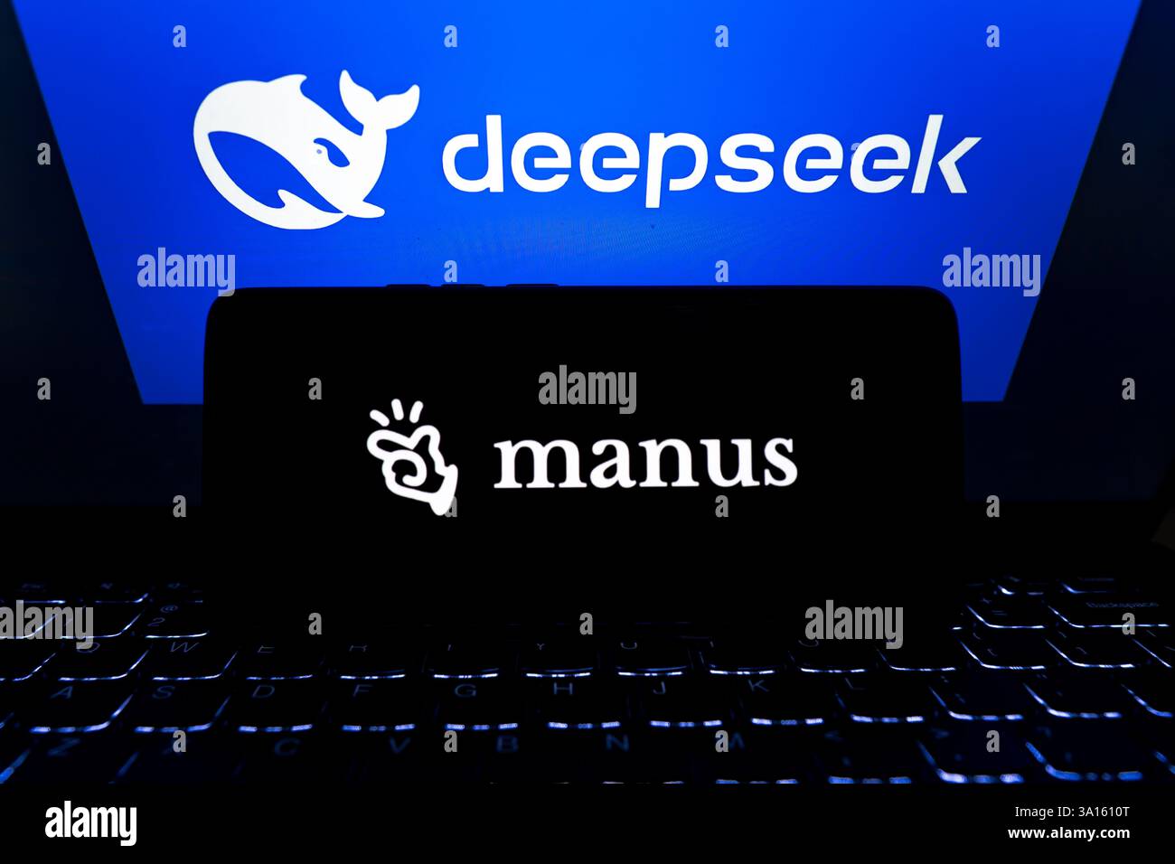 CHONGQING, CHINA - MARCH 7, 2025 - An illustration photo shows the Manus LOGO displayed on a ...