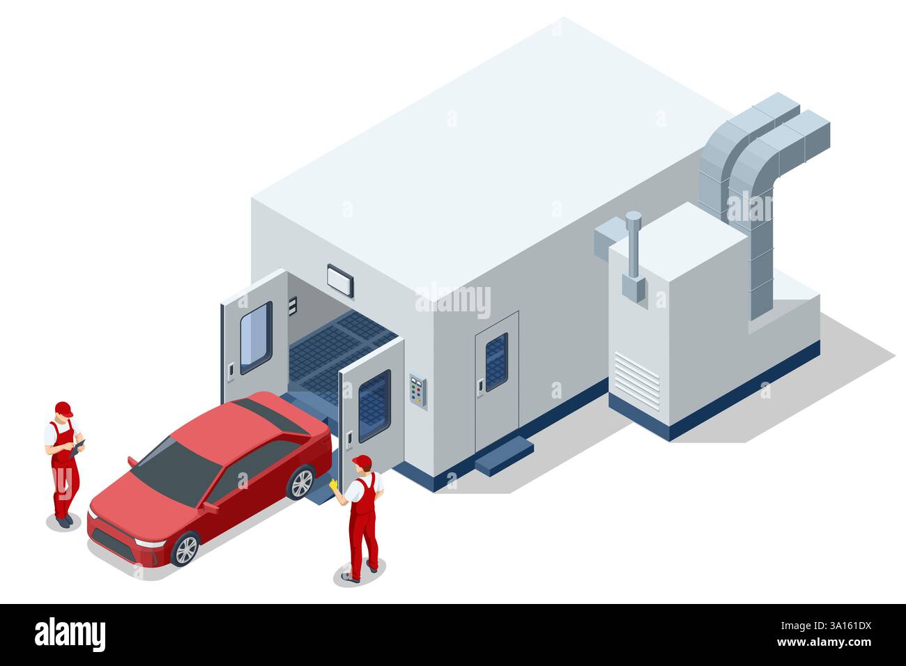 Isometric painting booth with two technicians and red car. Ventilation ...