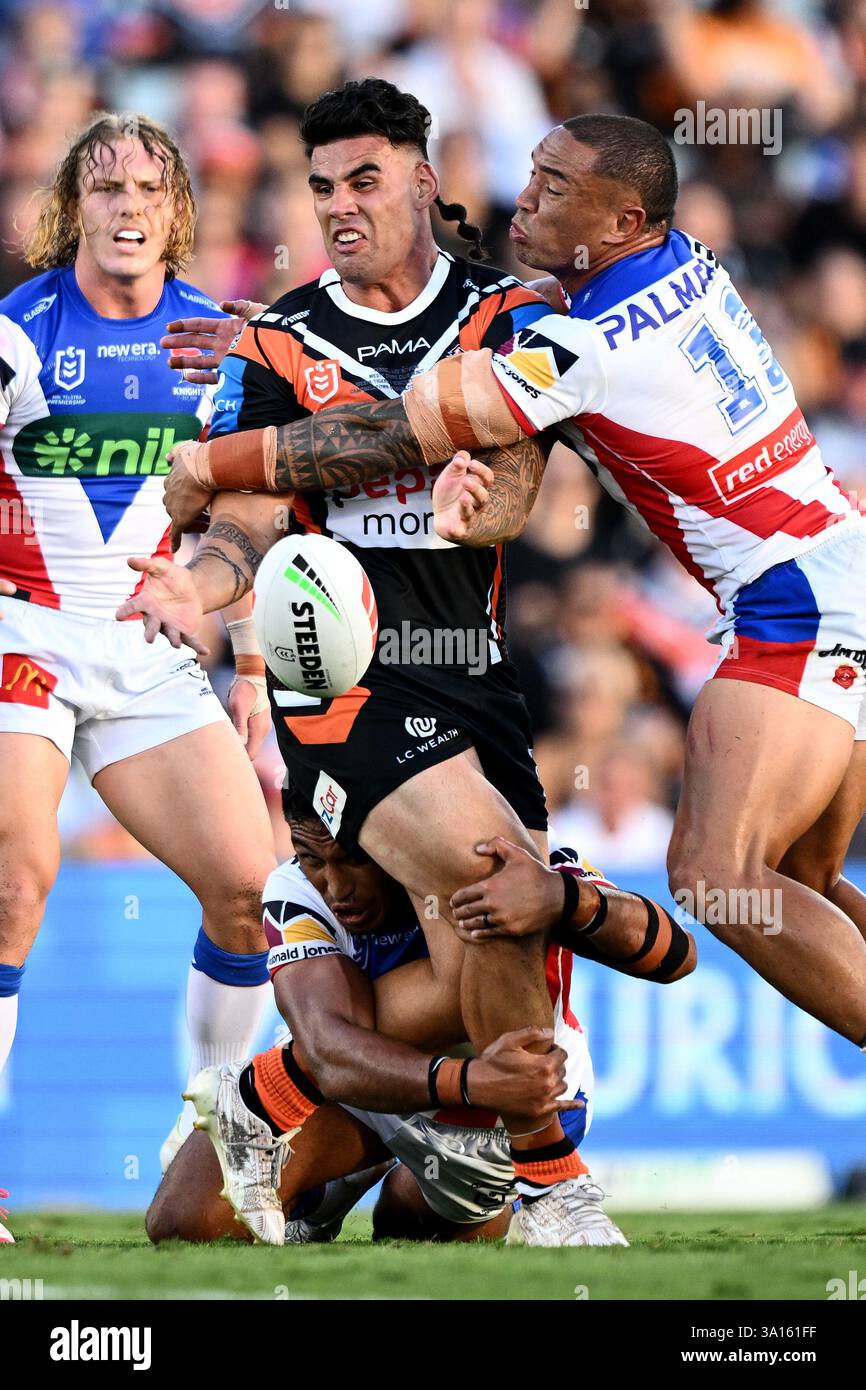 Terrell May of the Tigers offloads a pass as he is tackled by Jacob ...