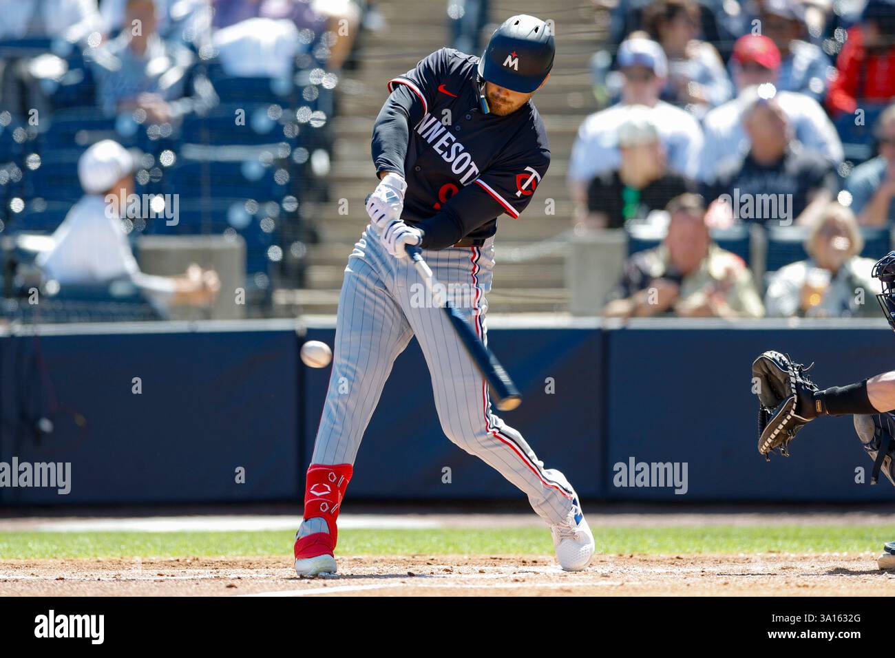 Tampa, FL USA; Minnesota Twins outfielder Trevor Larnach (9) single to ...