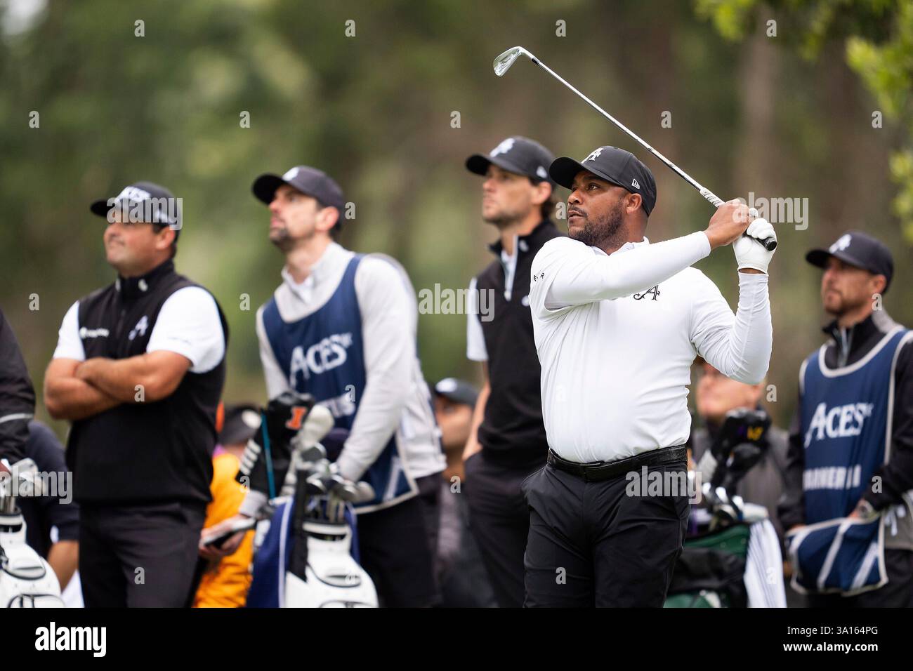 Harold Varner III of 4Aces GC hits his shot from the seventh tee during ...