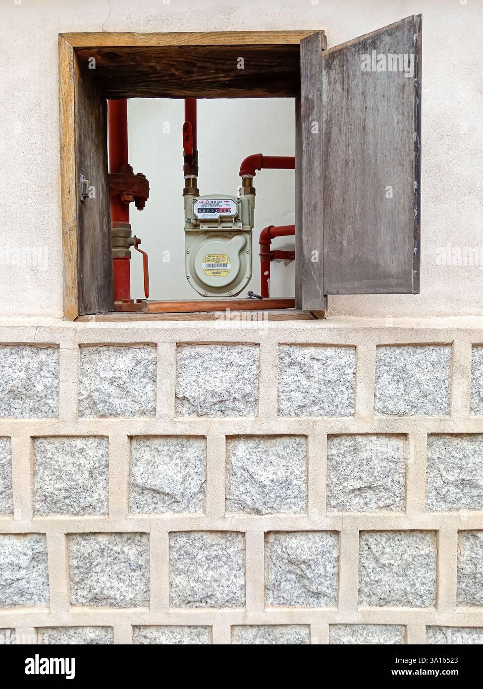 Seoul, Korea - October 29, 2024: Residential propane gas meter pipe on ...