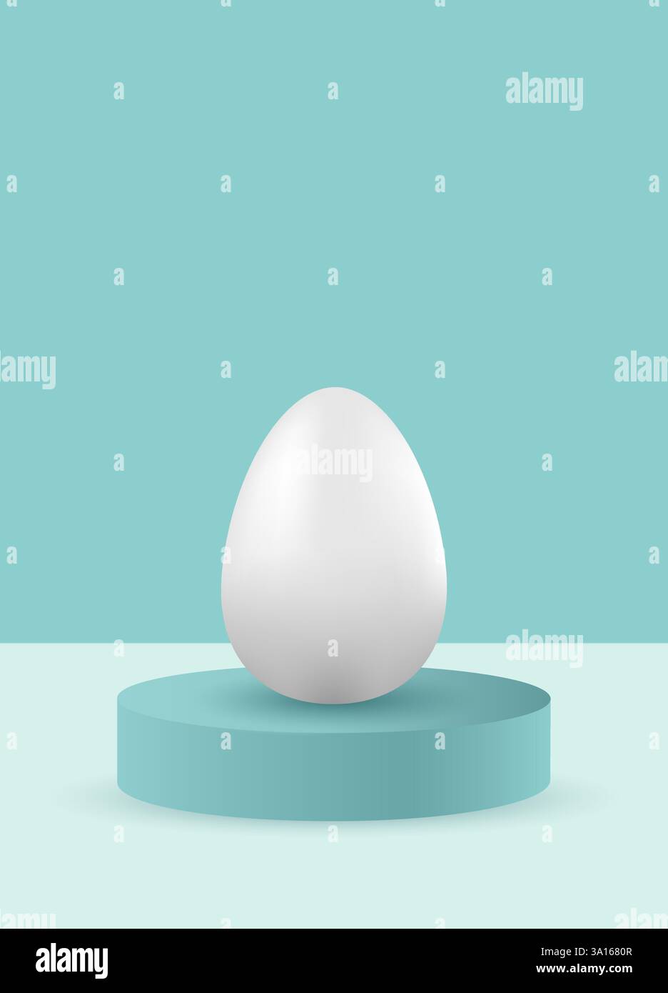 One 3D white Easter egg on a round podium on a neutral blue background ...