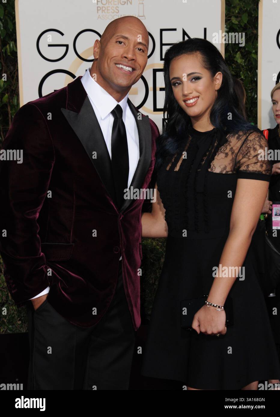 Dwayne Johnson and daughter arriving at the 73rd Annual Golden Globe ...