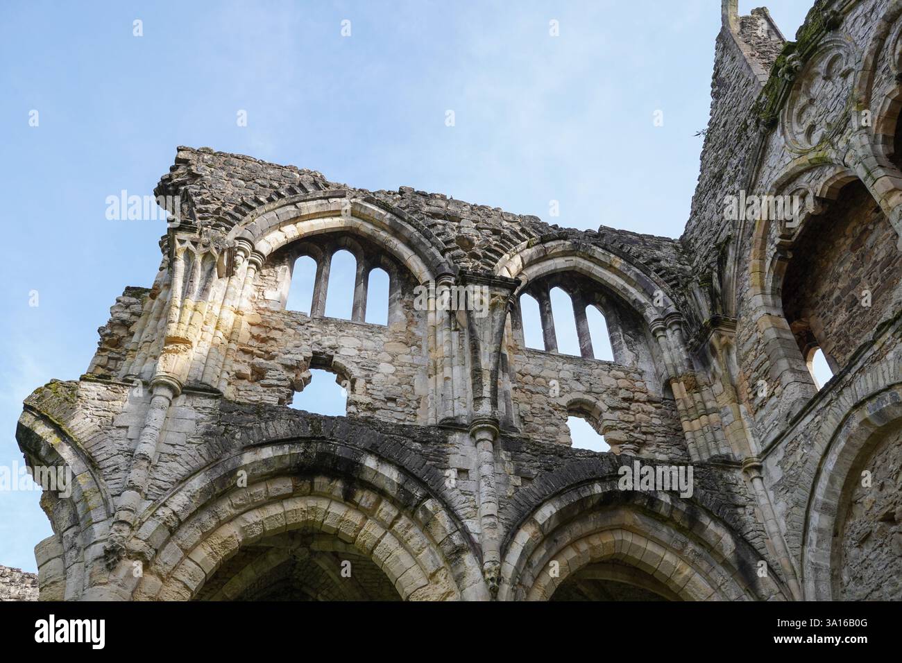 historic stone ruins of former church abbey in the UK. Old religious ...