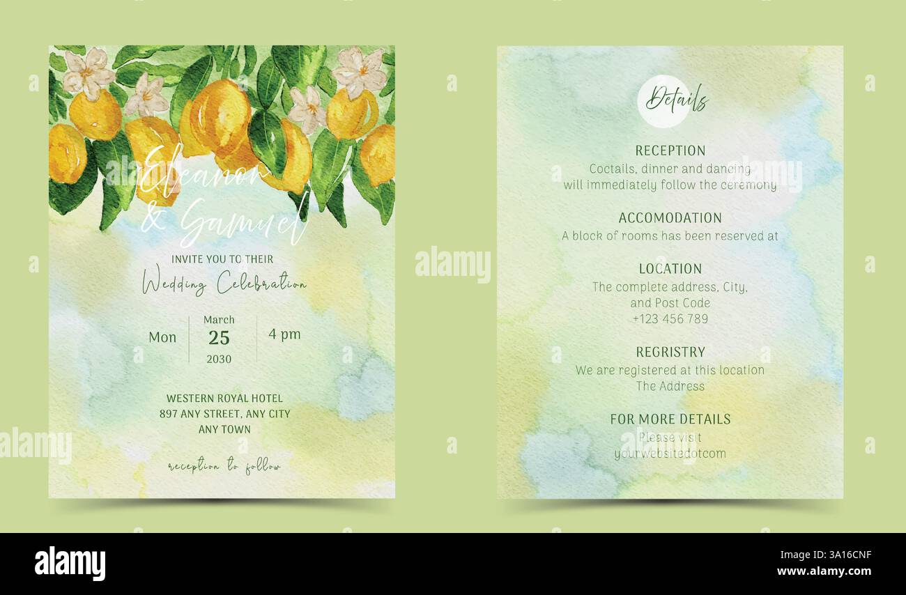 Watercolor Fresh Lemon Tree Wedding Invitation Template Stock Vector ...