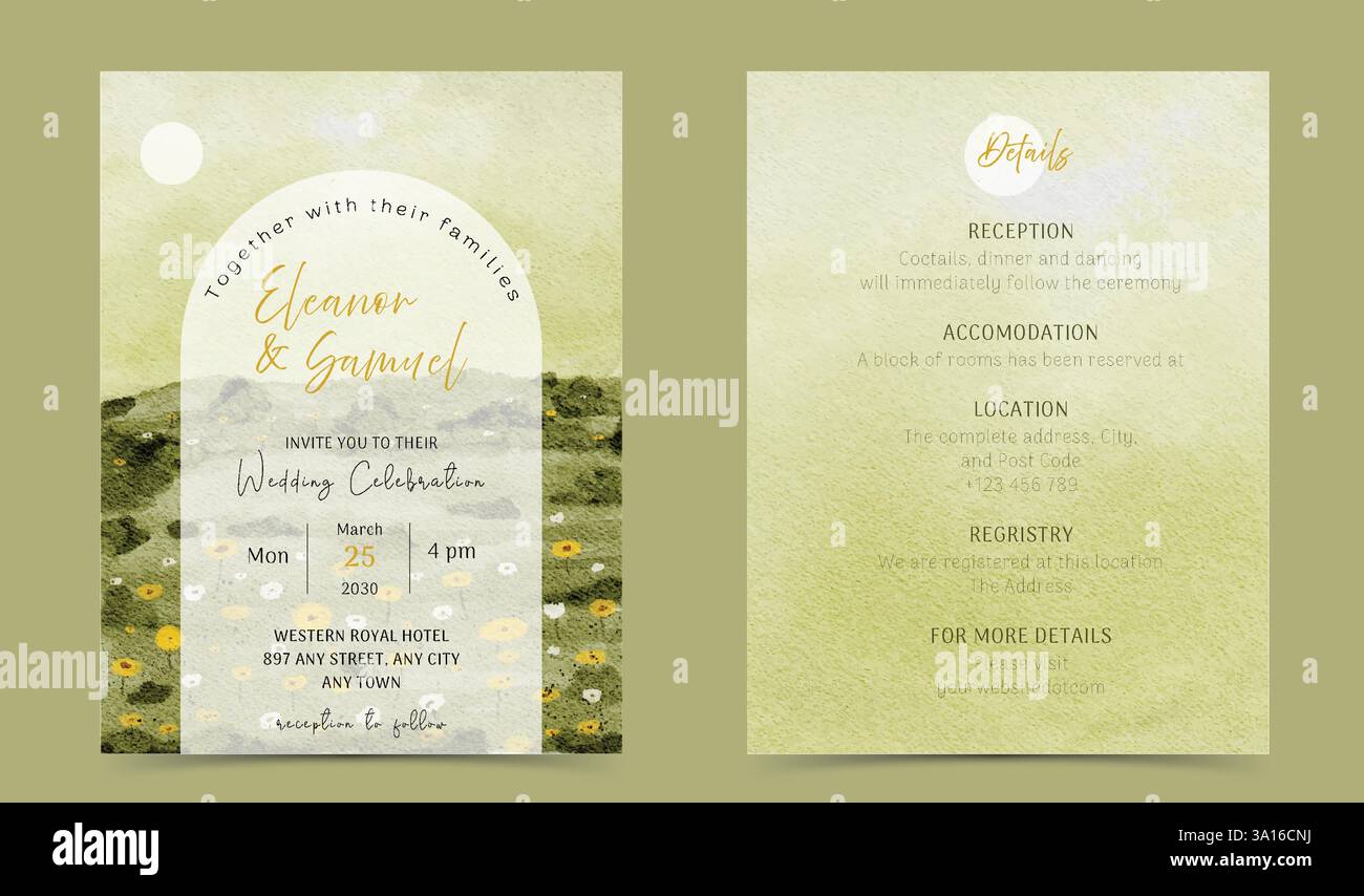Watercolor Meadow Field and Floral Wedding Invitation Template Stock ...