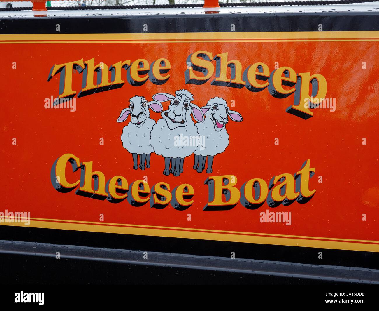Signage for the Three Sheep Cheese Boat, a commercial narrowboat on the ...