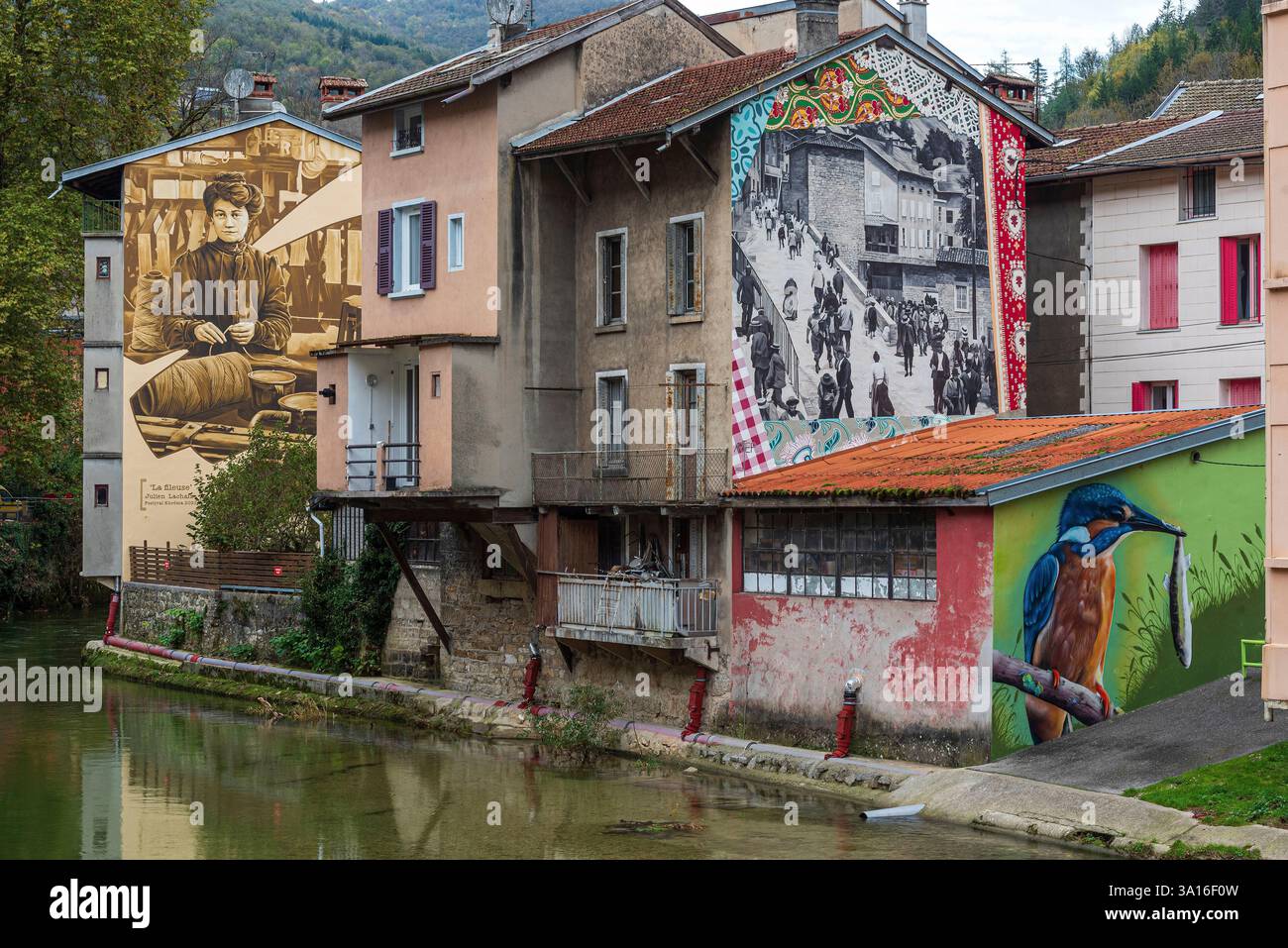 France, Ain, Plaine de l'Ain, Tenay, Khrôma Festival, murals along the Albarine starting from ...