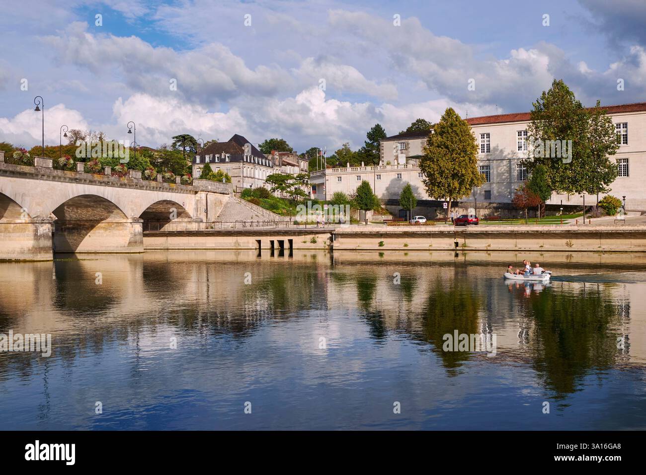 France, Charente, Cognac, Boat navigation with motor on the Charente ...