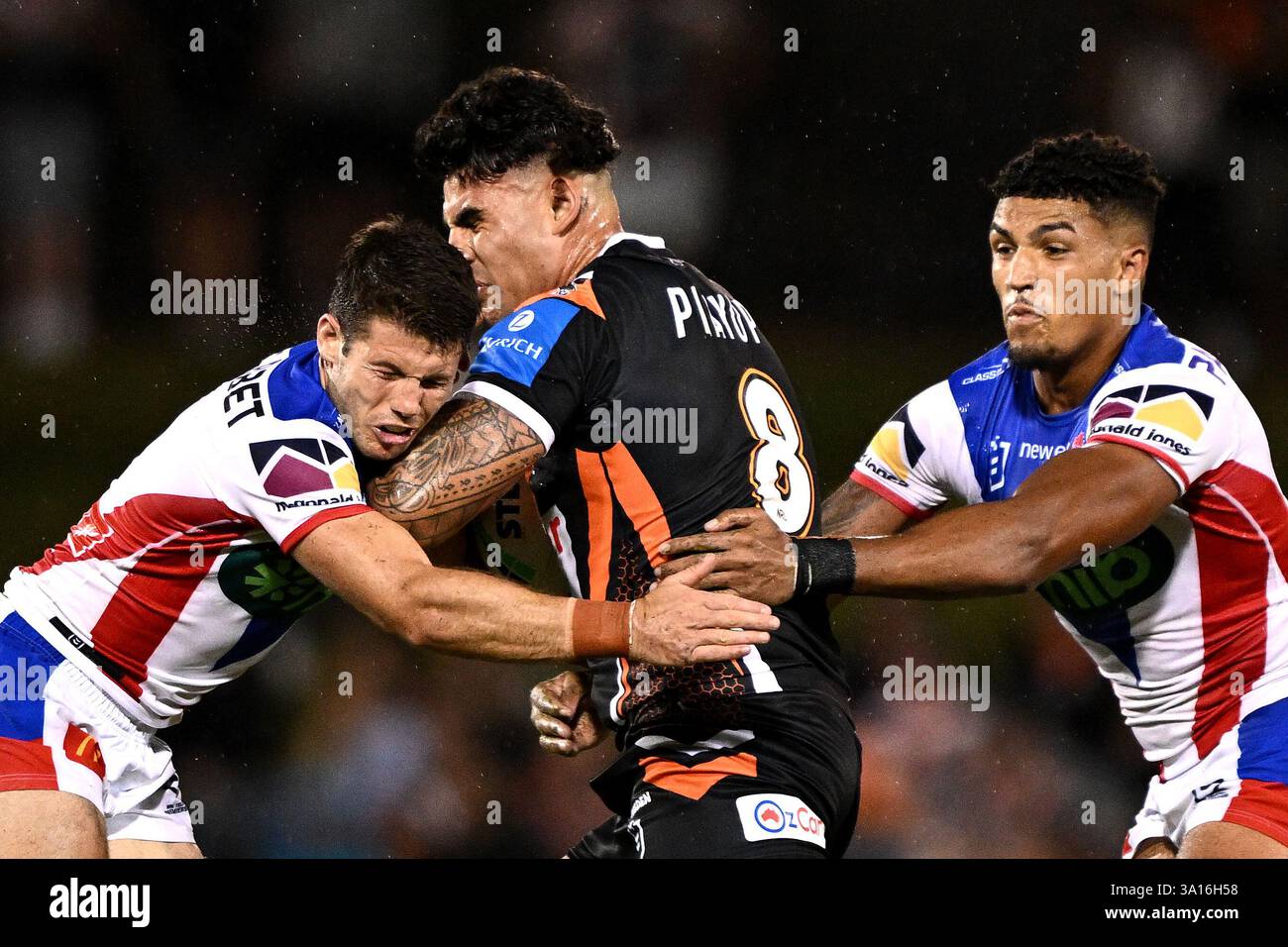 Terrell May of the Tigers is tackled by Jack Cogger (left) and Kai ...