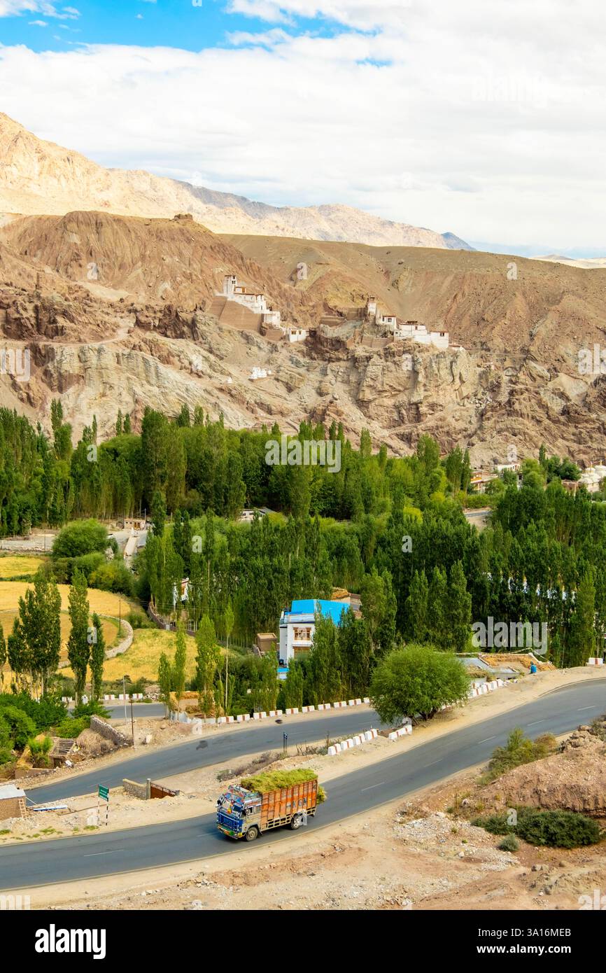 India, Ladakh state, Trans-Himalayan, motorbike tour on Royal enfield from Lamayuru to Leh, road ...