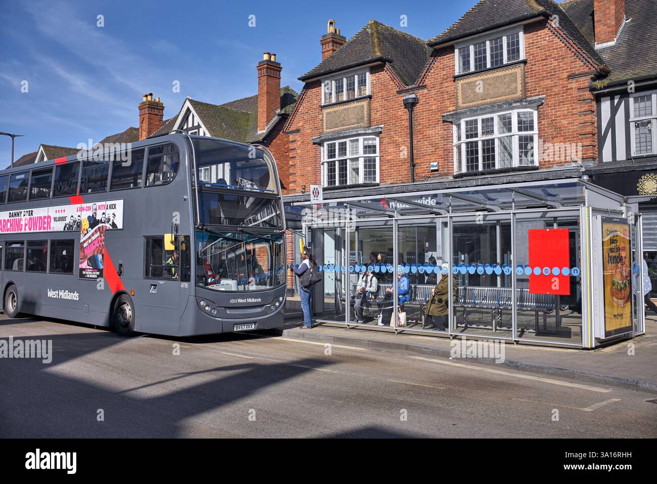 National Express Platinum double decker bus at a bus stop shelter with ...