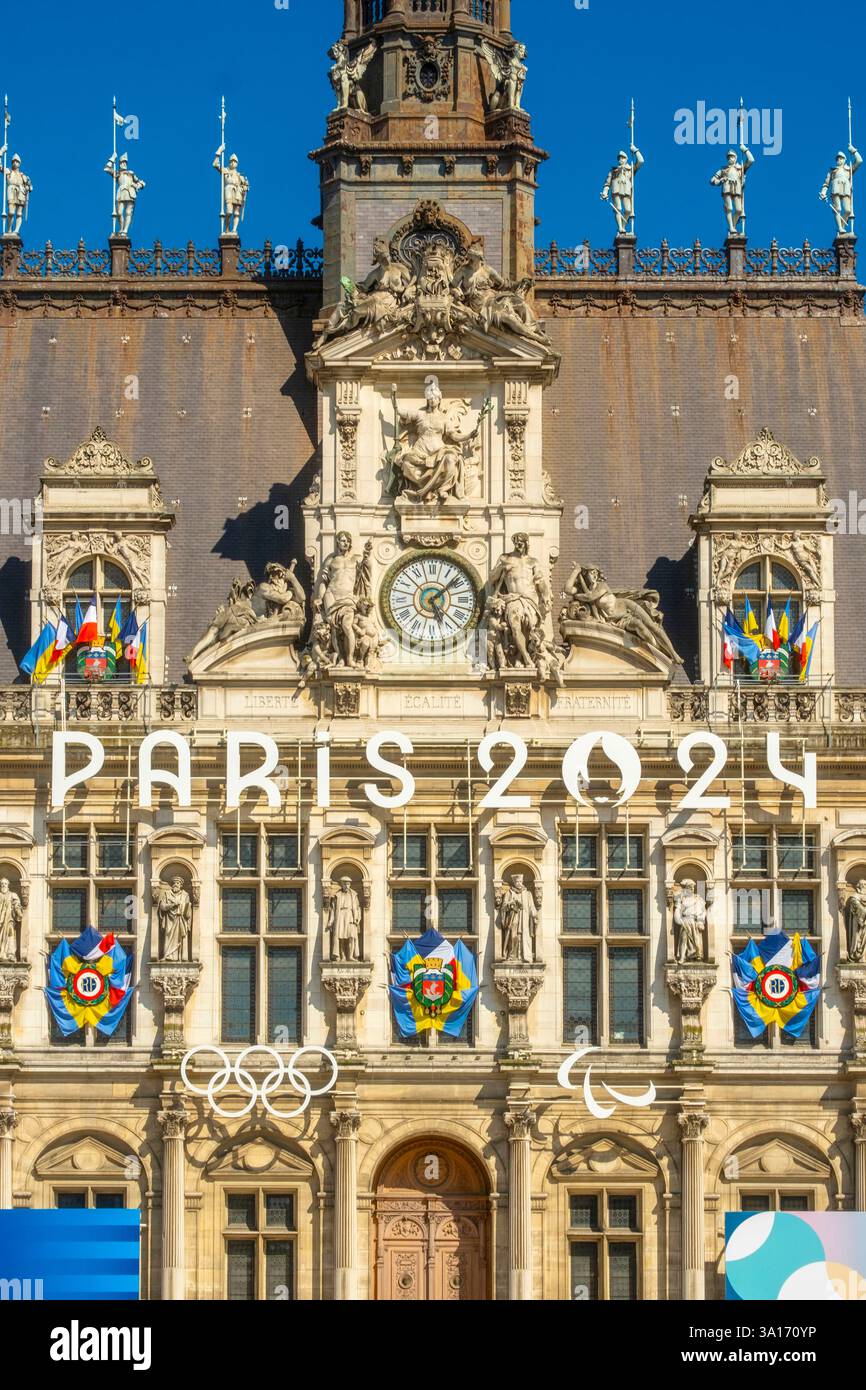 France, Paris, City Hall with signs for the Paris 2026 Olympic Games ...