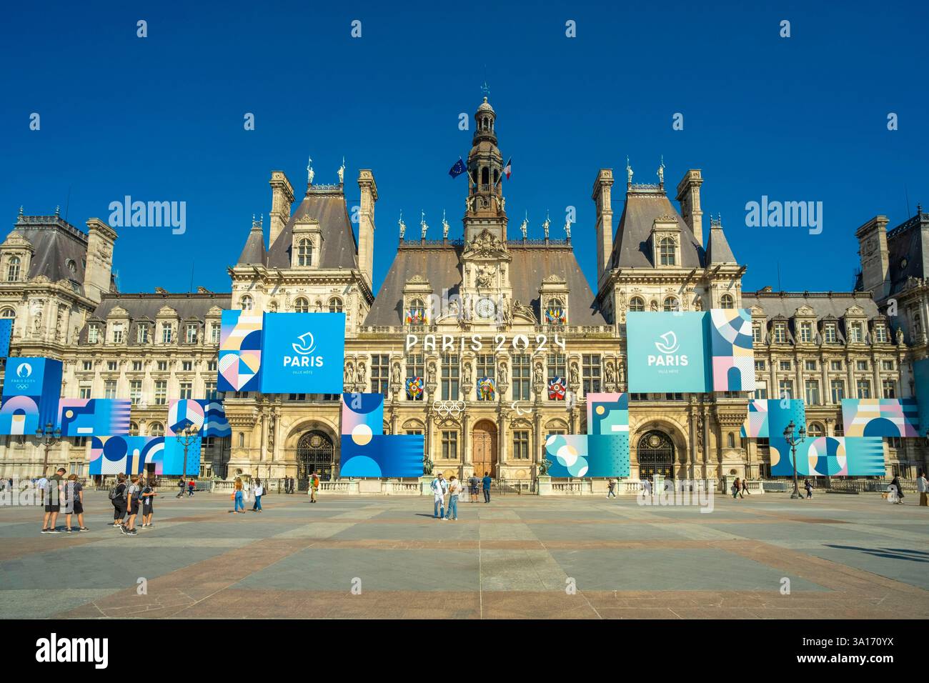France, Paris, the Town Hall with the panels of the Paris 2033 Olympic ...