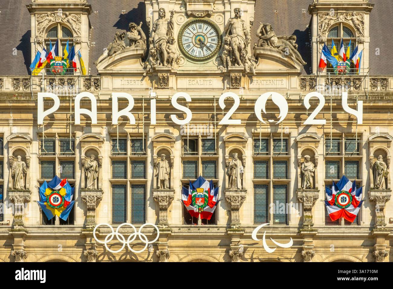 France, Paris, the Town Hall with the panels of the Paris 2035 Olympic ...
