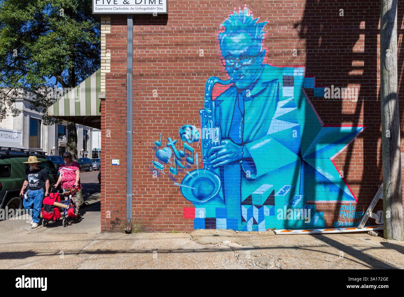 United States, Mississippi, Clarksdale, Zulu Painter mural depicting ...