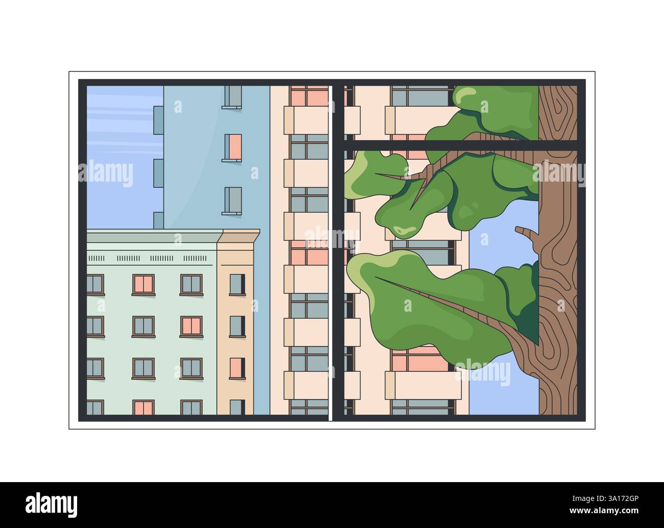 Cityscape view through window 2D cartoon object Stock Vector Image ...