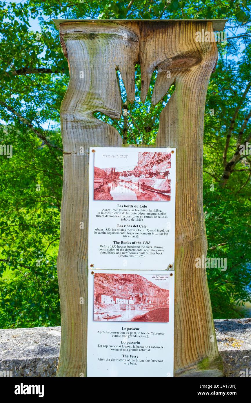 France, Lot, Cele Valley, Cabrerets, explanatory panel with the logo of ...