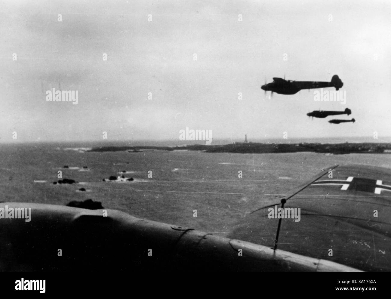 German Messerschmitt Me 110 in formation flight over Brittany. Photo ...