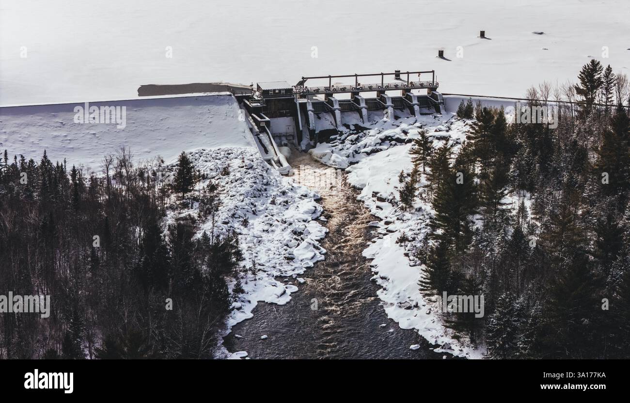Aerial view of snow covered Long Falls Dam in winter, Maine Stock Photo ...