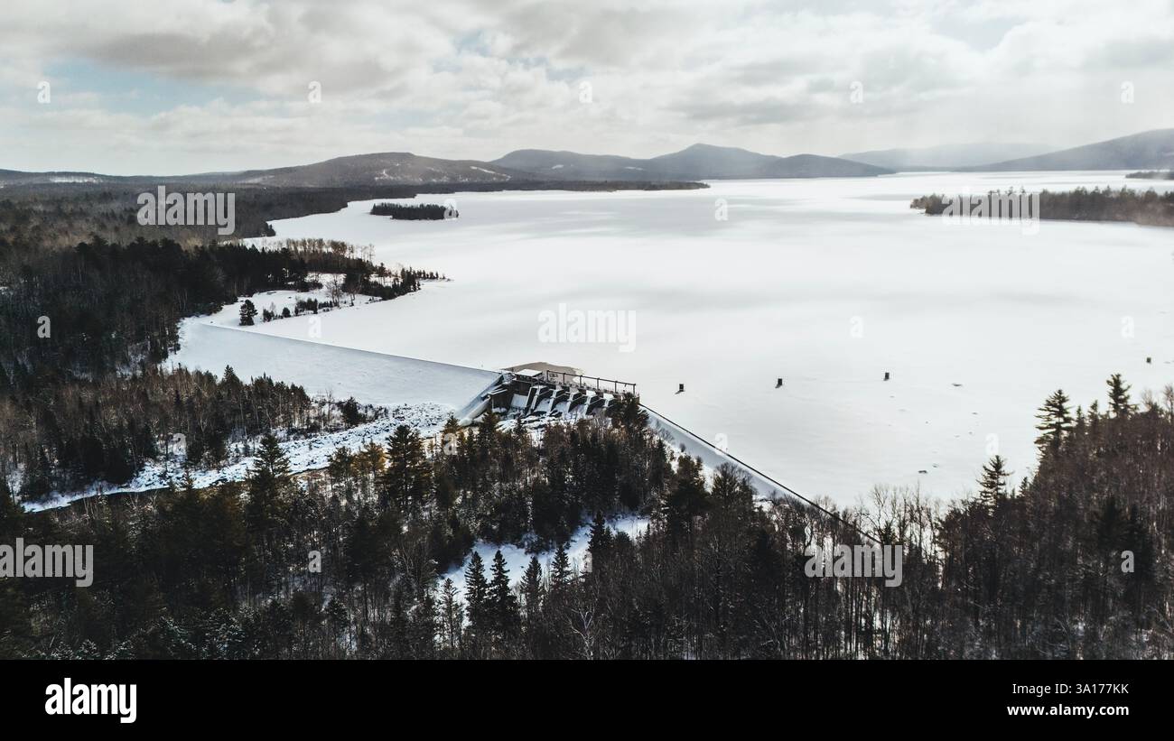 Aerial view of large lake and Hydroelectric dam in winter, Maine Stock ...