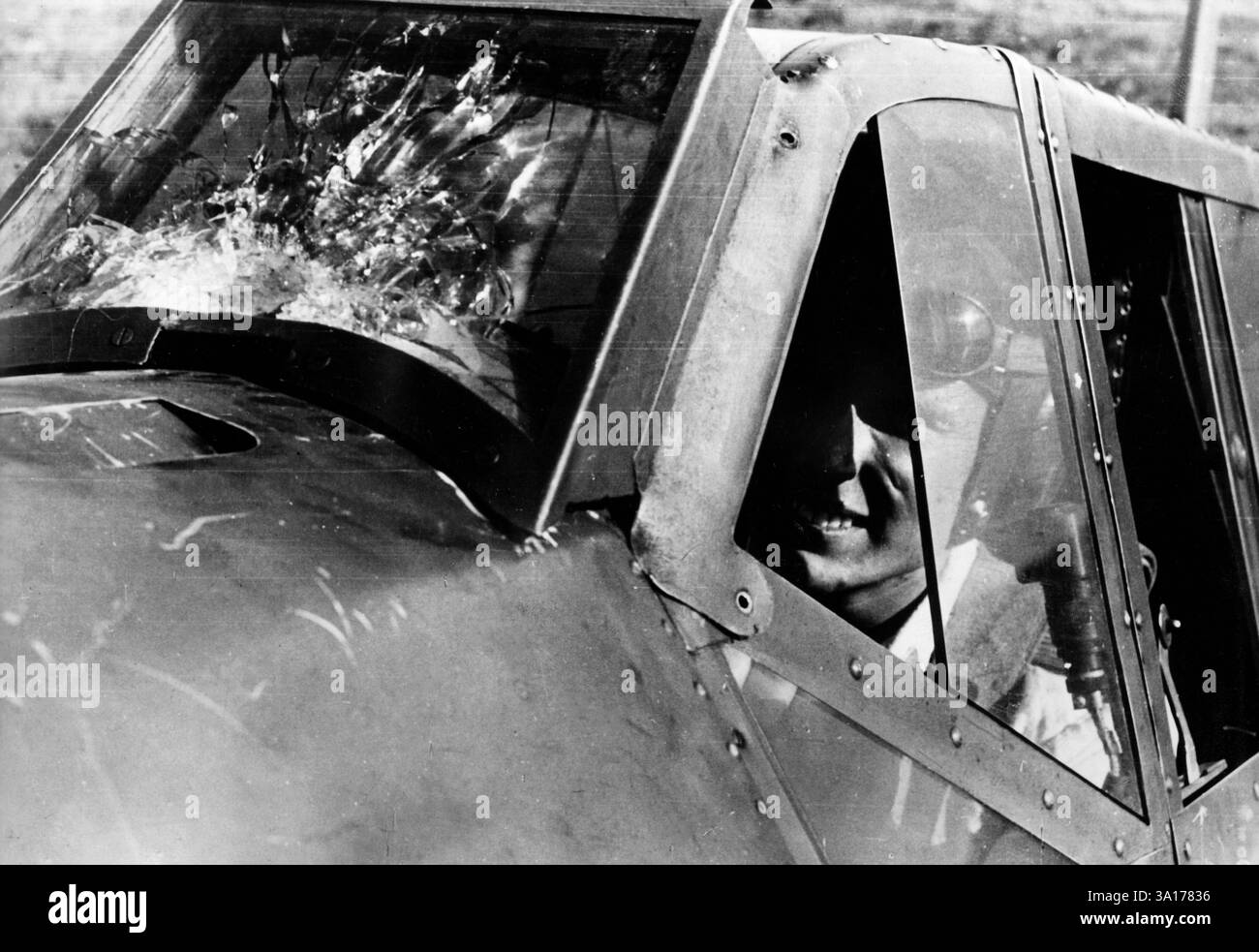 German fighter aircraft Messerschmitt Me 109 with bullet damage to the armored glass of the ...
