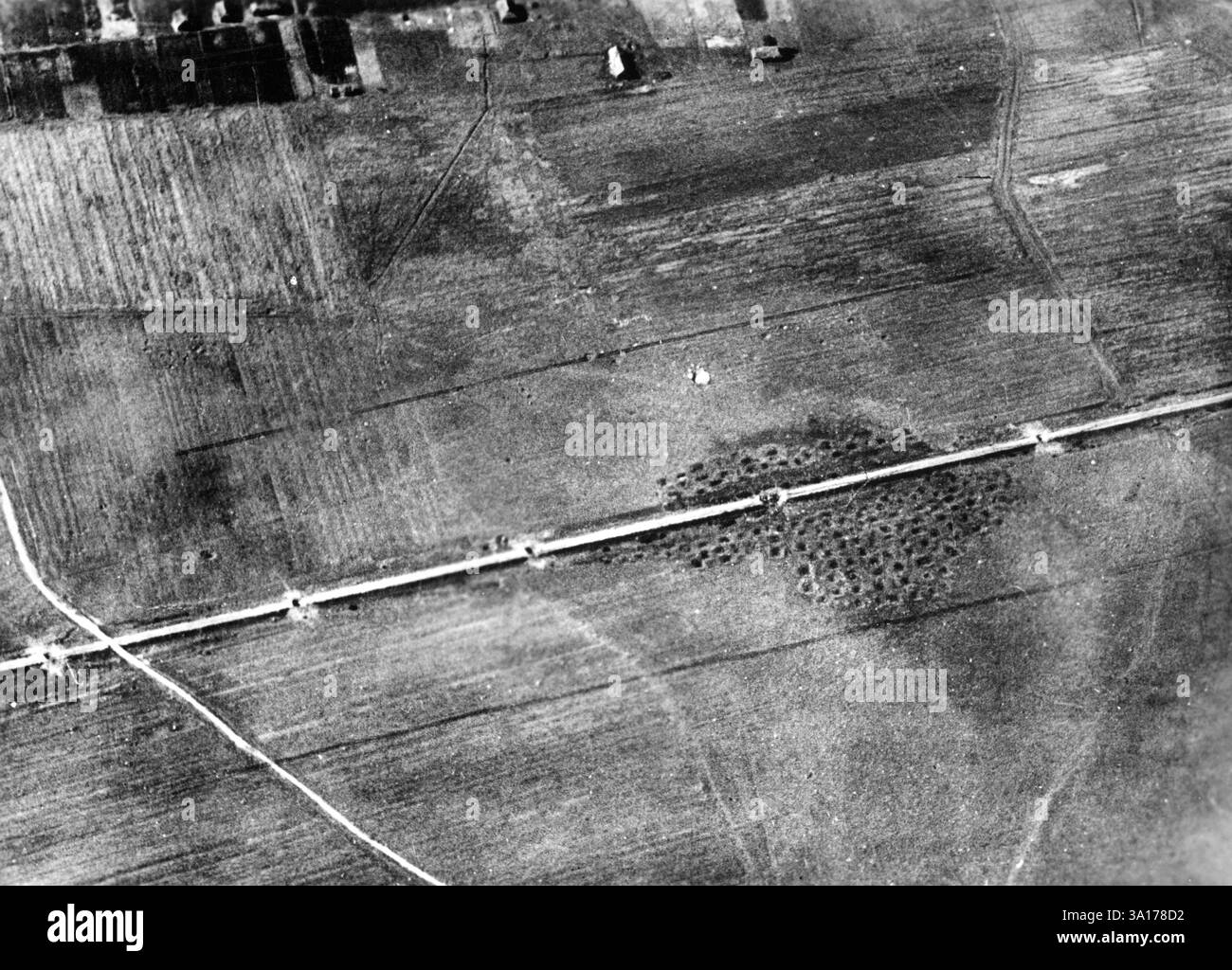 Aerial view of a railroad line on the eastern front. A series attack by ...