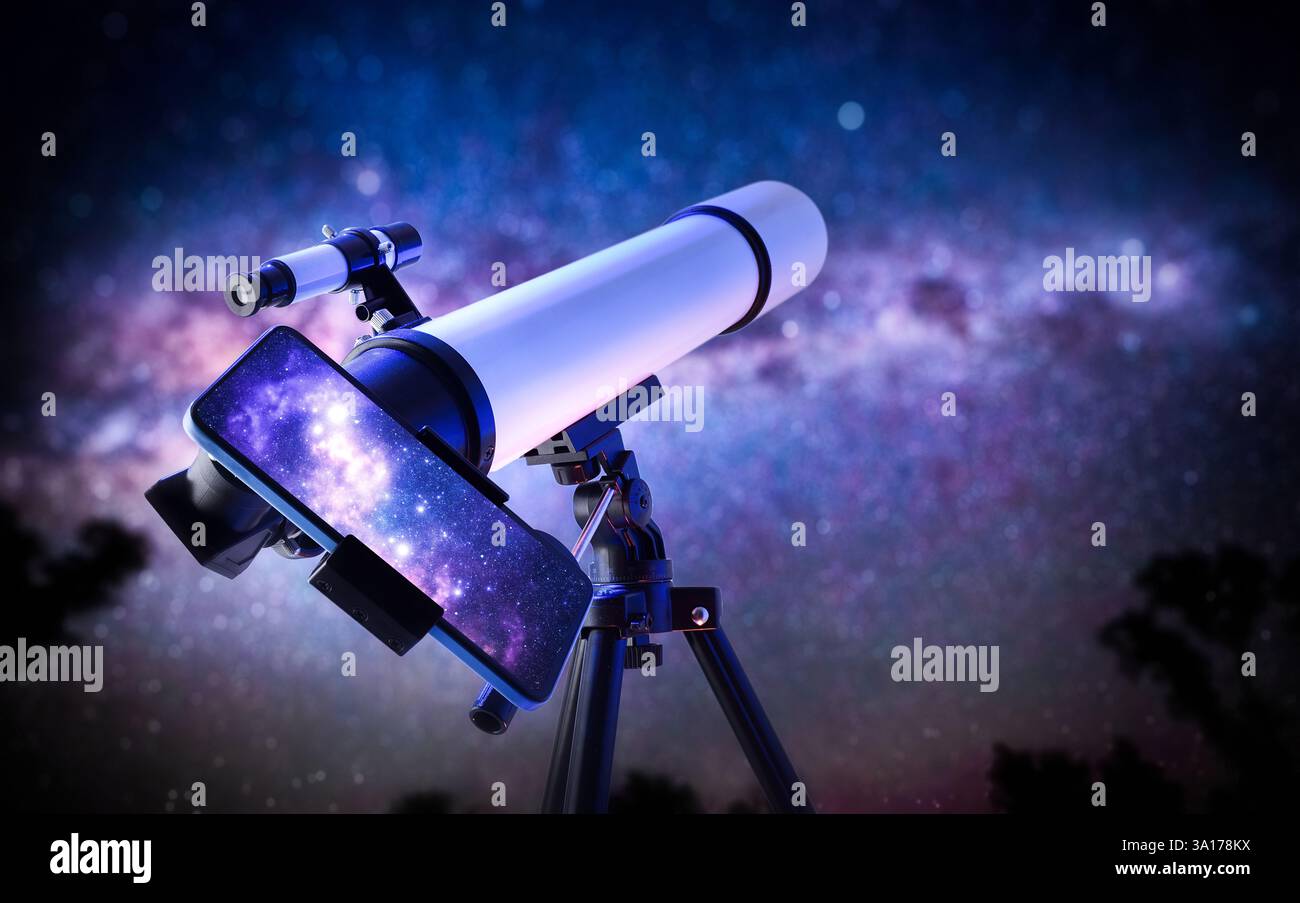 Detail of a telescope outside pointing at a star filled sky with a ...