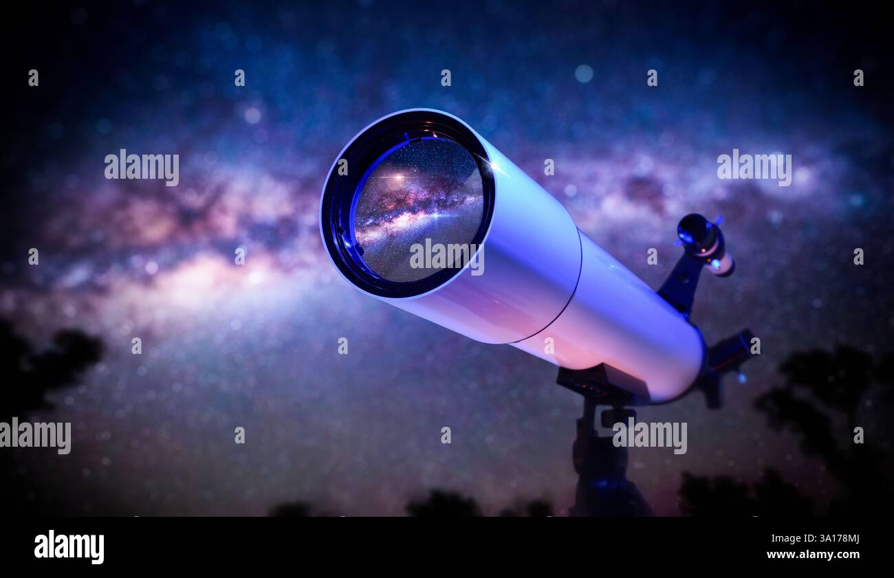 Detail of font of white telescope on tripod pointing at a starry sky at ...