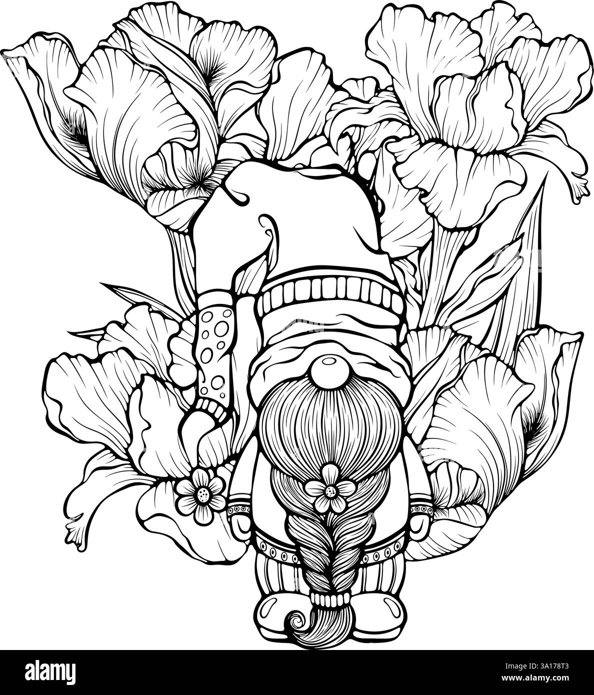 Spring composition gnome with beard pigtail and flowers line art Stock ...