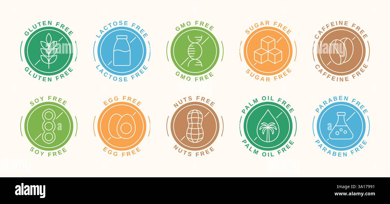 Set of colorful allergen free icons. Food labels and badges. Gluten ...