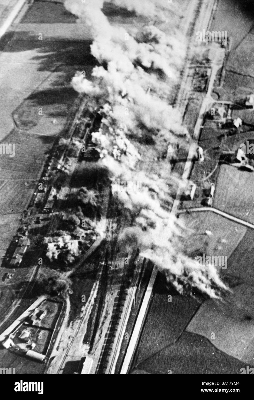Aerial view of an attack on a railroad station on the Eastern Front ...