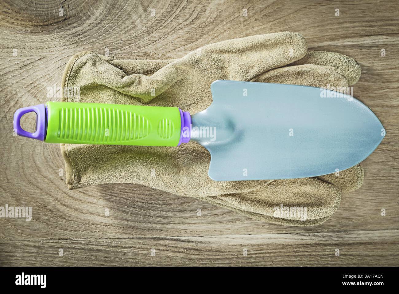 Metal hand spade on wooden board agriculture concept Stock Photo - Alamy