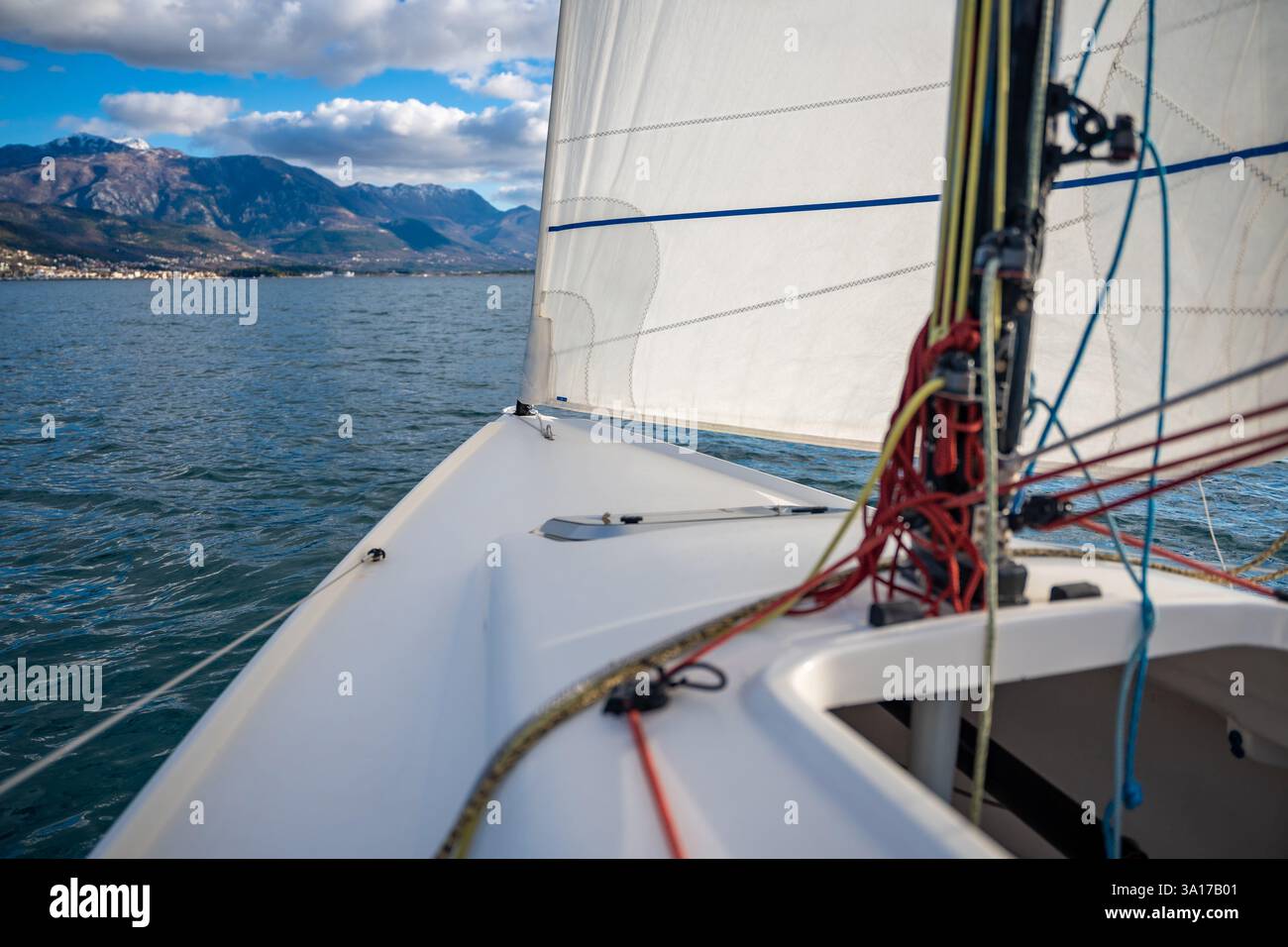 Sports yacht sailing in the Kotor Bay, Montenegro, representing ...