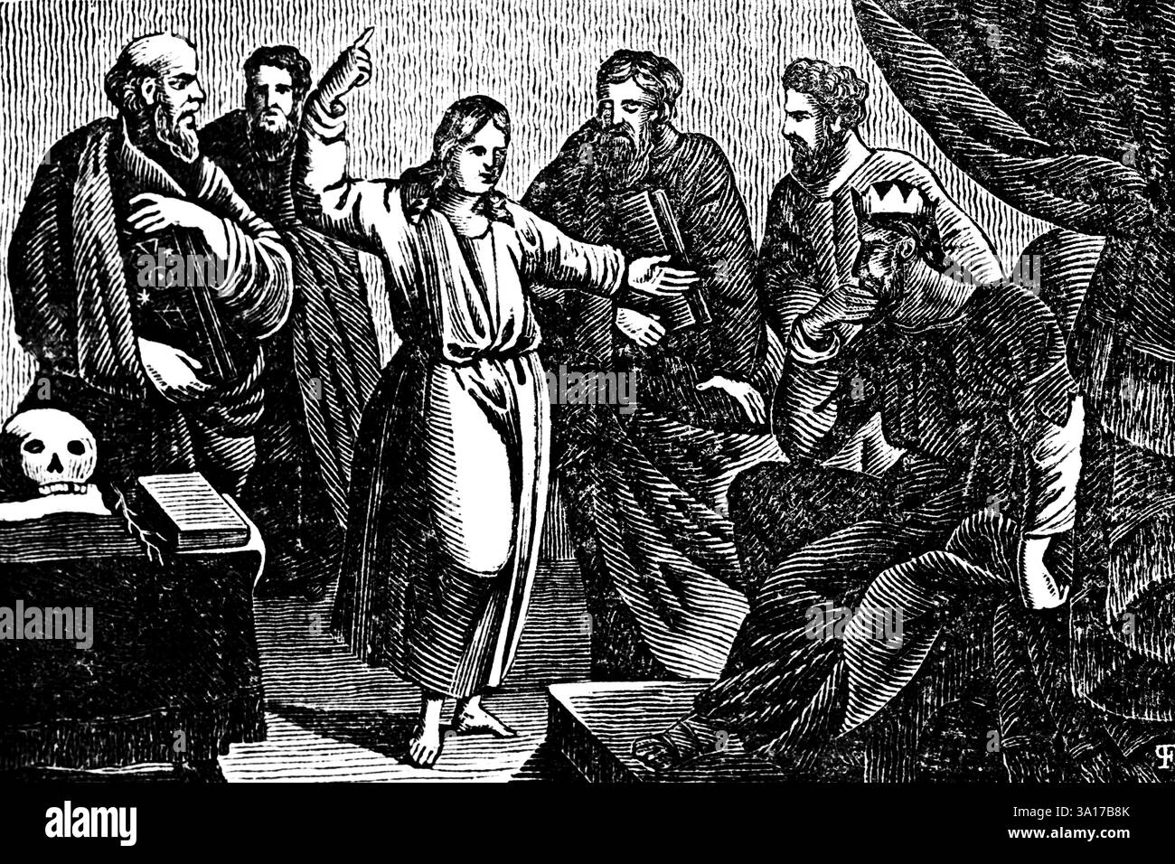 Joseph explaining his dreams to Pharaoh, group of men, skull, throne ...