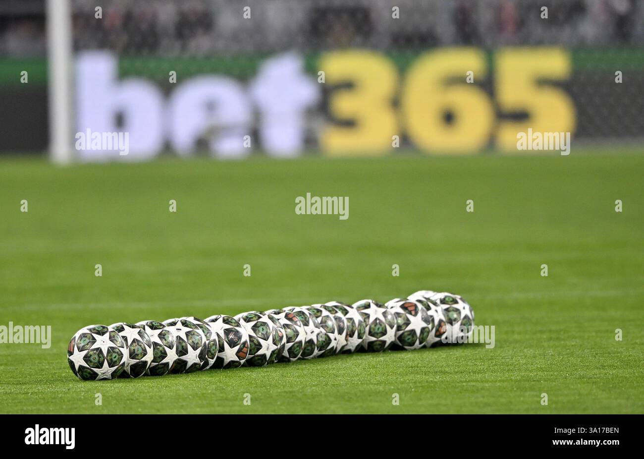 Adidas match balls lying in a row on the grass, behind them perimeter ...