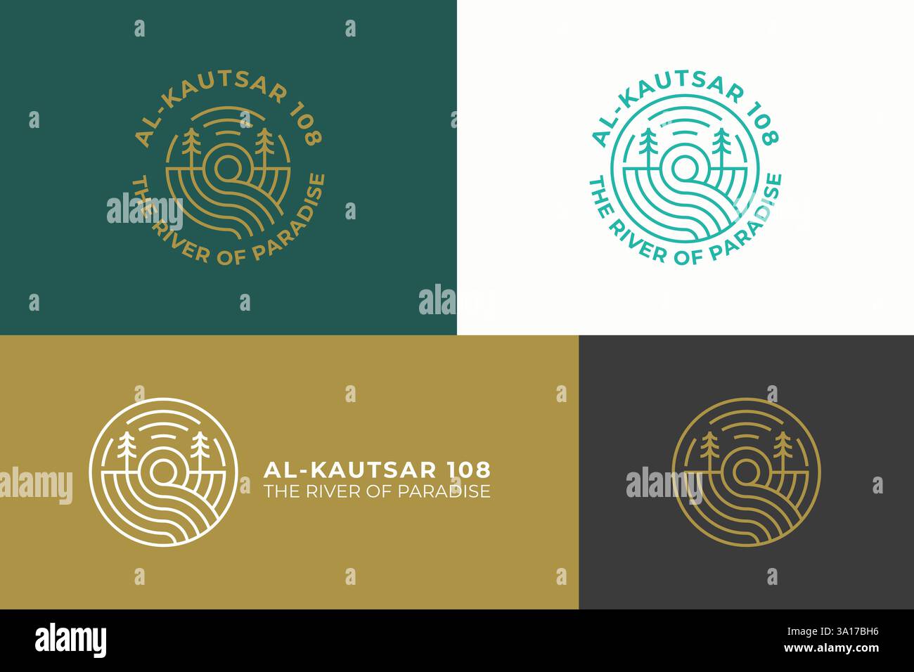 Minimalist Nature Logo Badge Abstract River, Waterfall, Sun and Trees ...