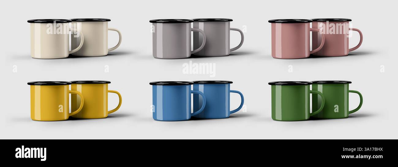 Mockup of colored enamel mugs with black rim, standing side by side ...