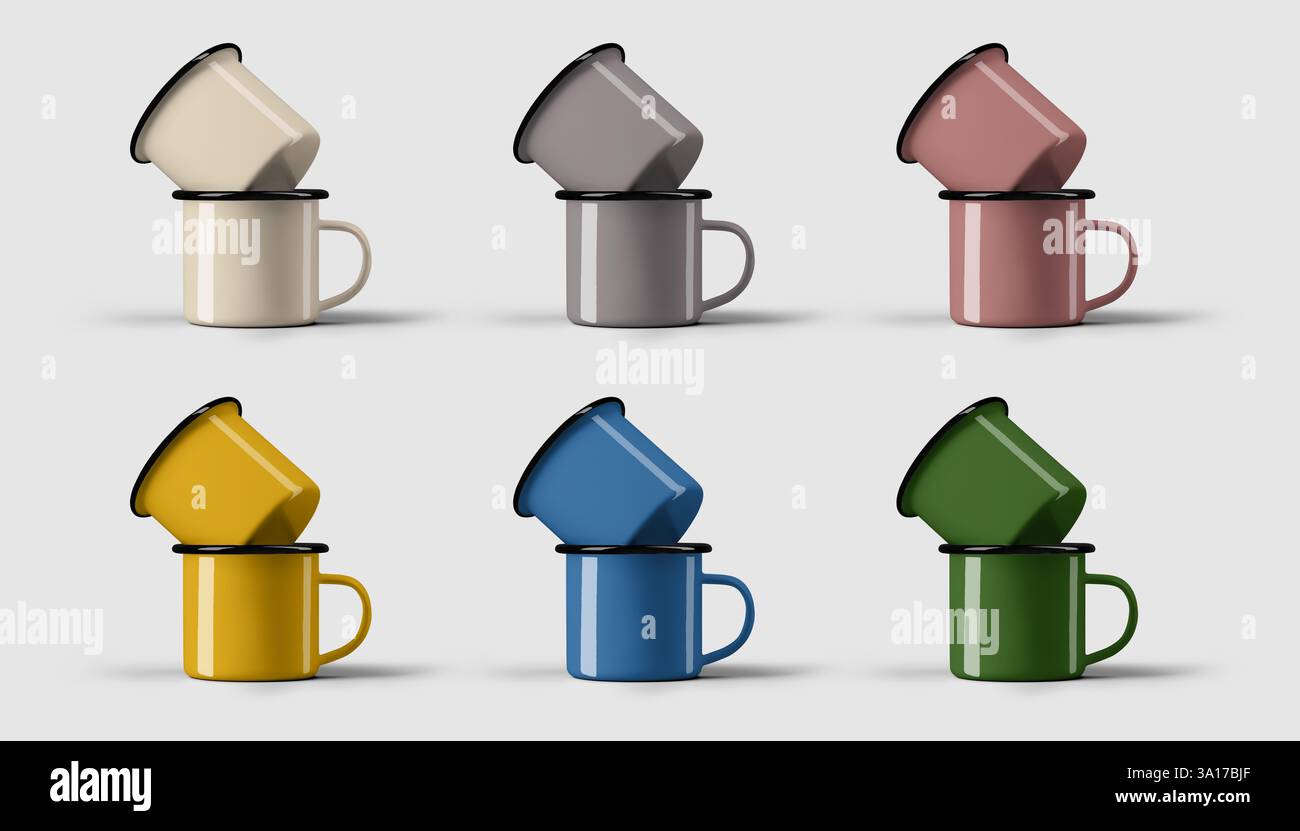 Template of bright enamel mugs with black rim, stacked one in another ...