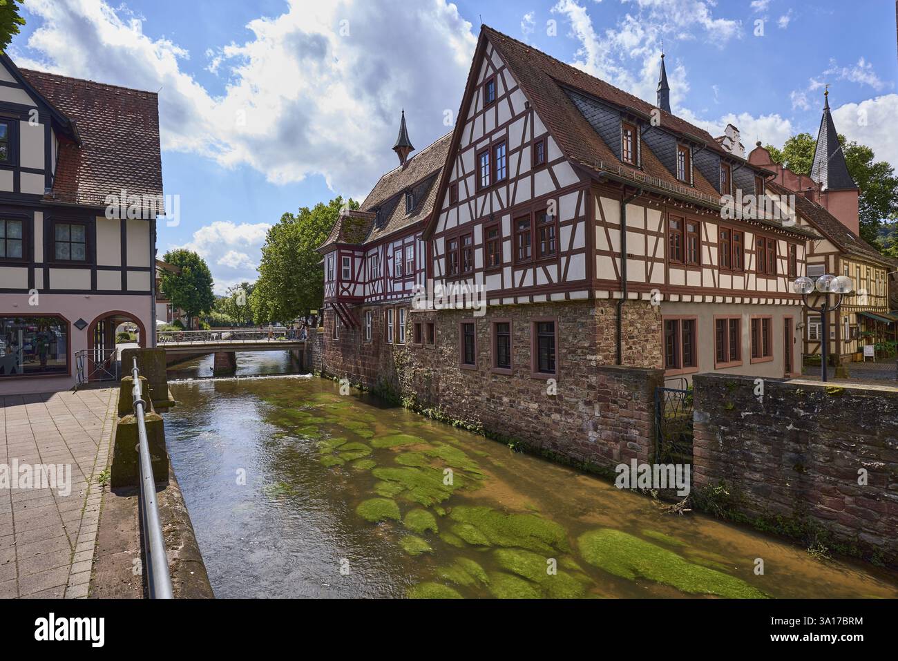 River Muemling, historic half-timbered houses, metal railings ...