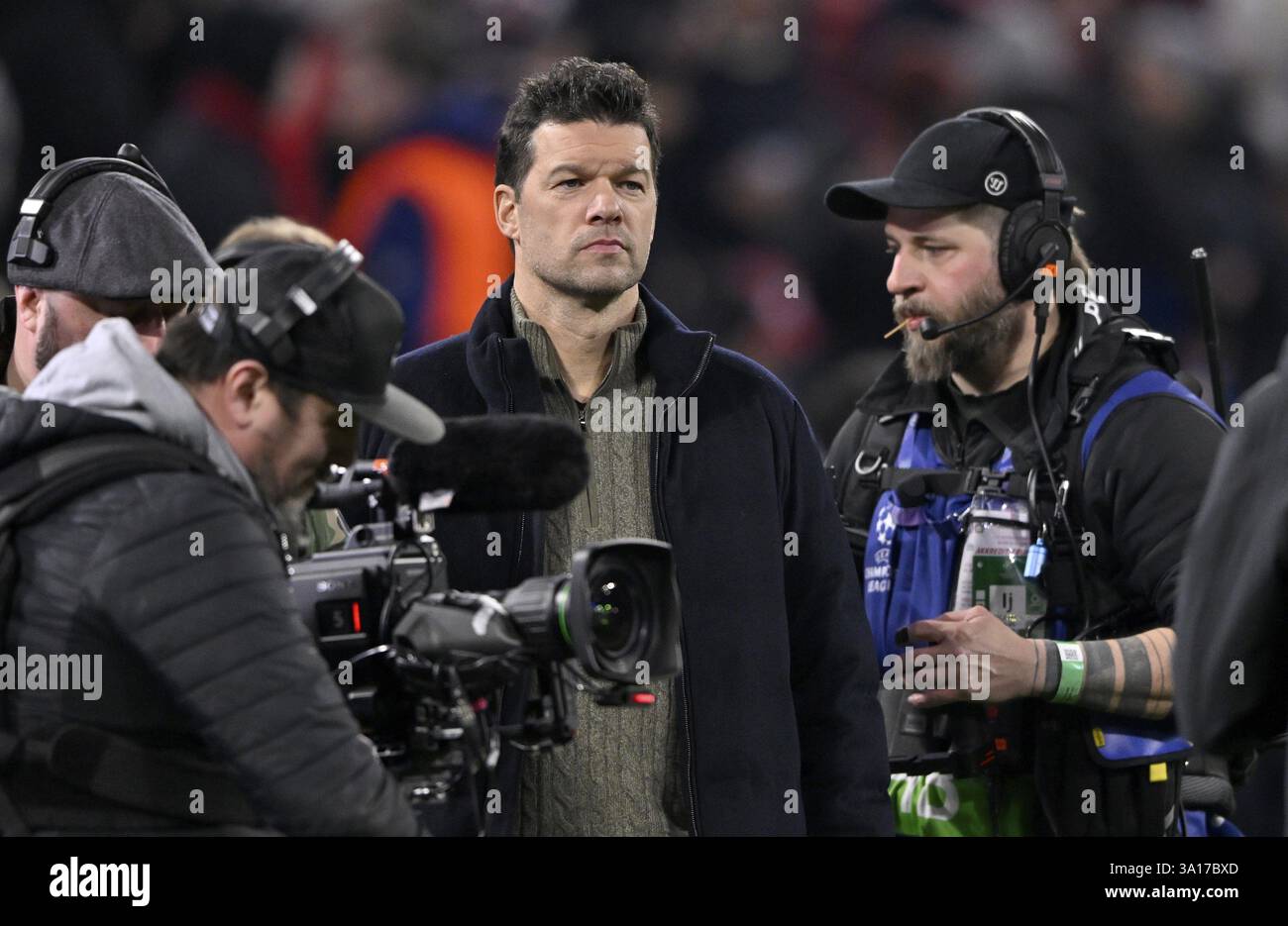 DAZN TV pundit Michael Ballack surrounded by TV cameras, UEFA Champions ...