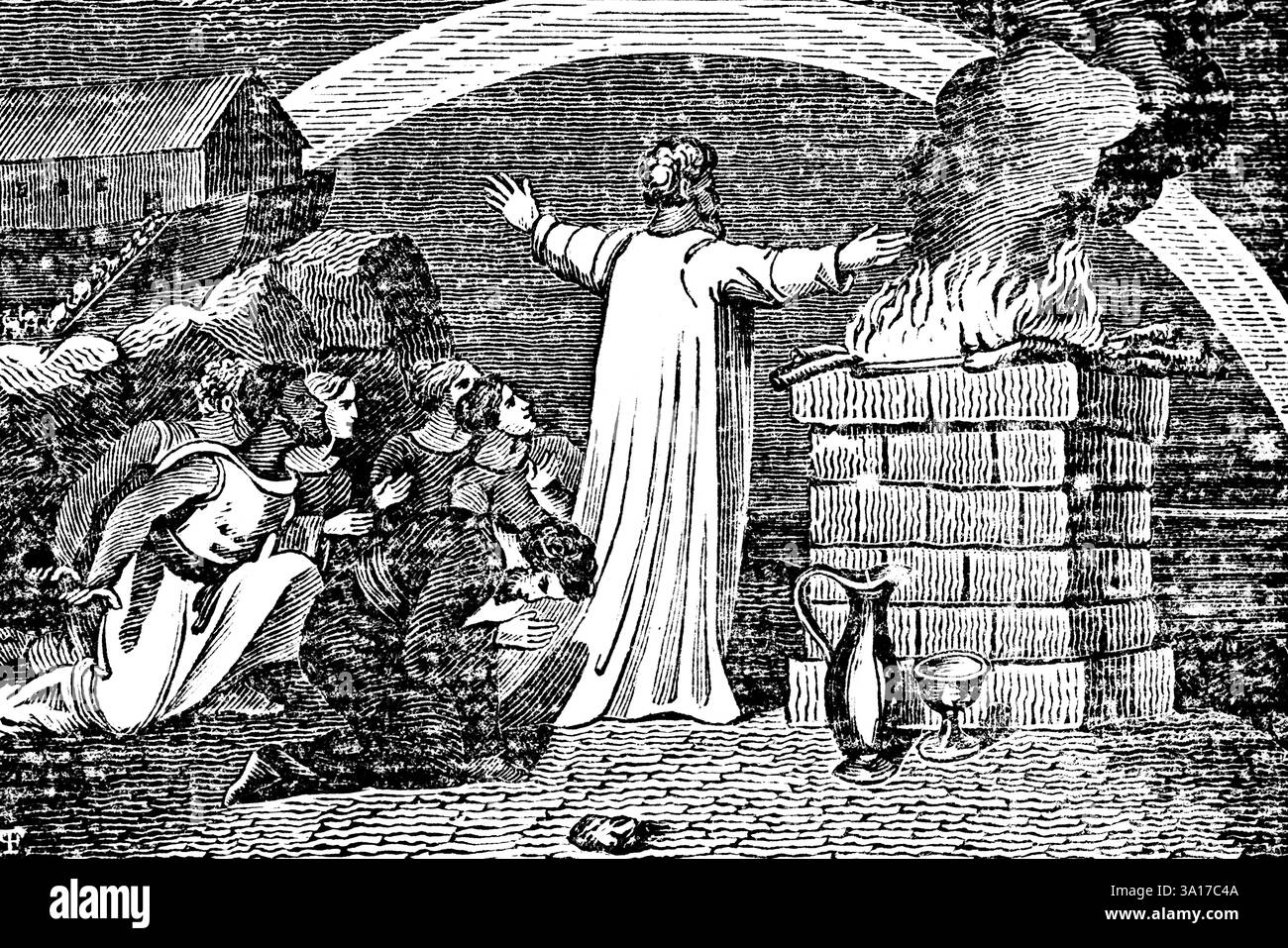 Noah's thanksgiving, a sacrificial fire after the Flood, ark, people ...