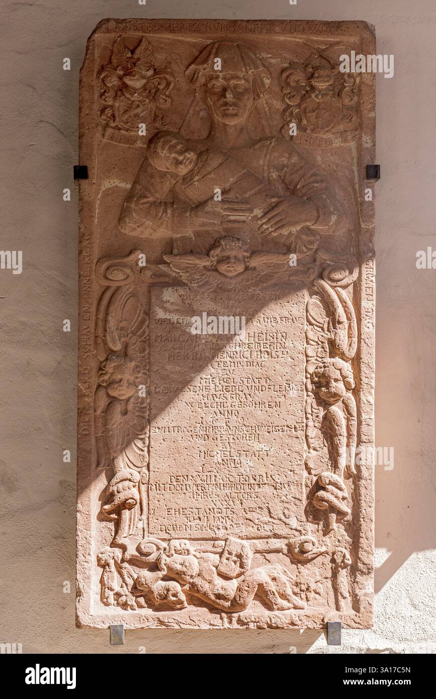 Historic gravestone, tombstone, relief in sandstone, former market hall ...