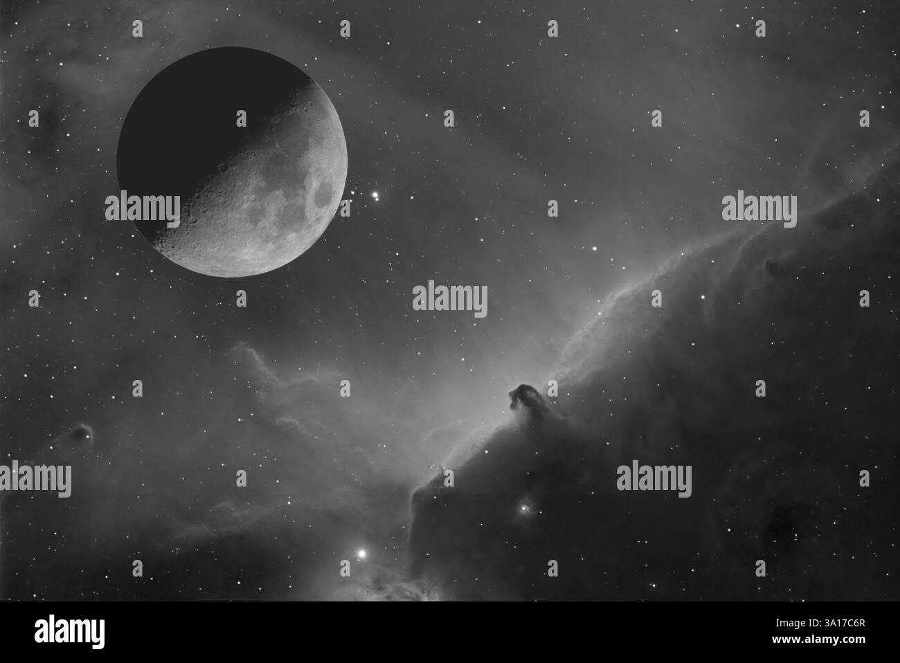 Deep space fantasy black and white image of Moon, Flame Nebula (NGC ...